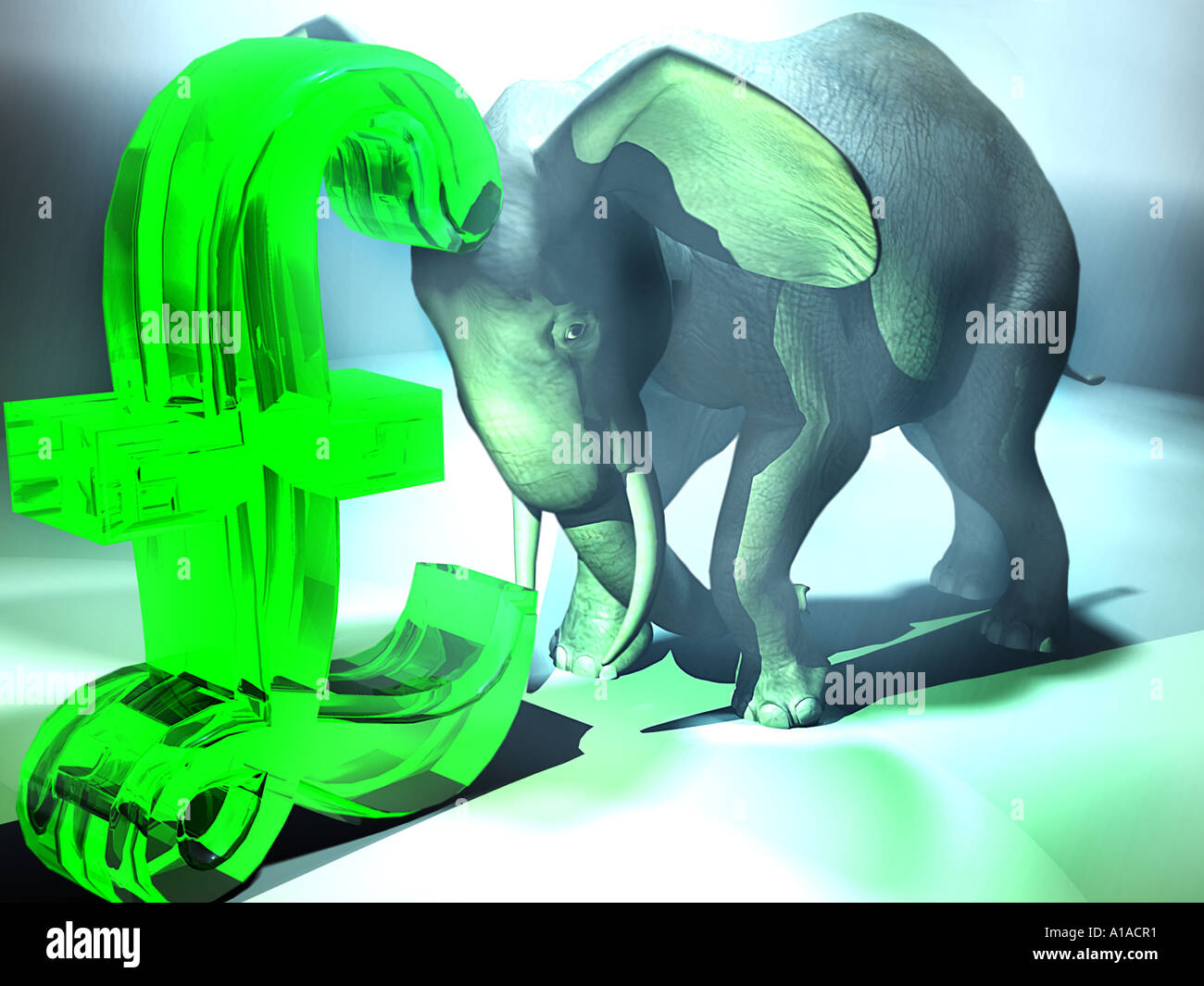 Conceptual image showing an elephant trying to budge a pound symbol ...