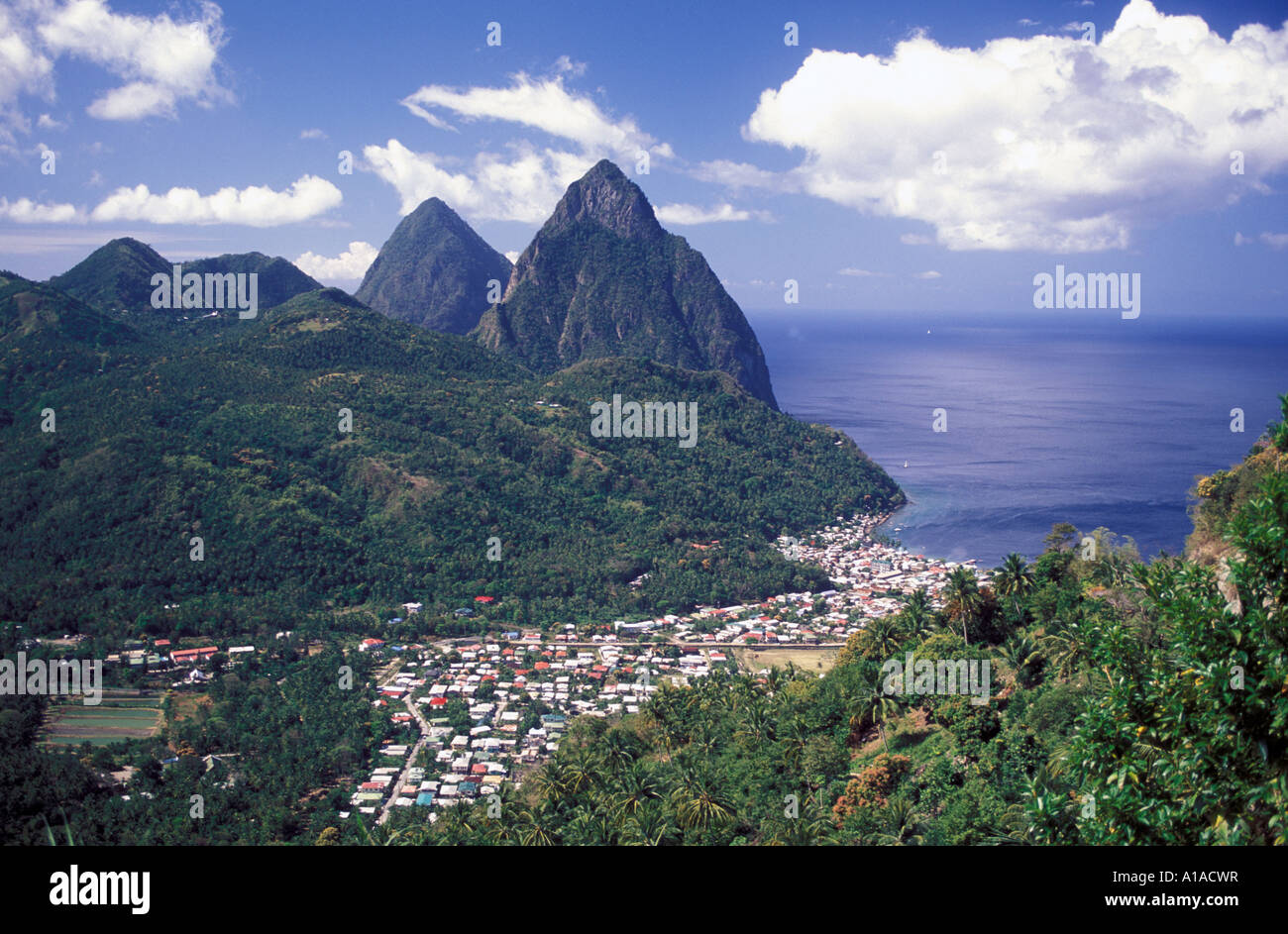 St Lucia soufriere town overlook, both pitons Stock Photo - Alamy
