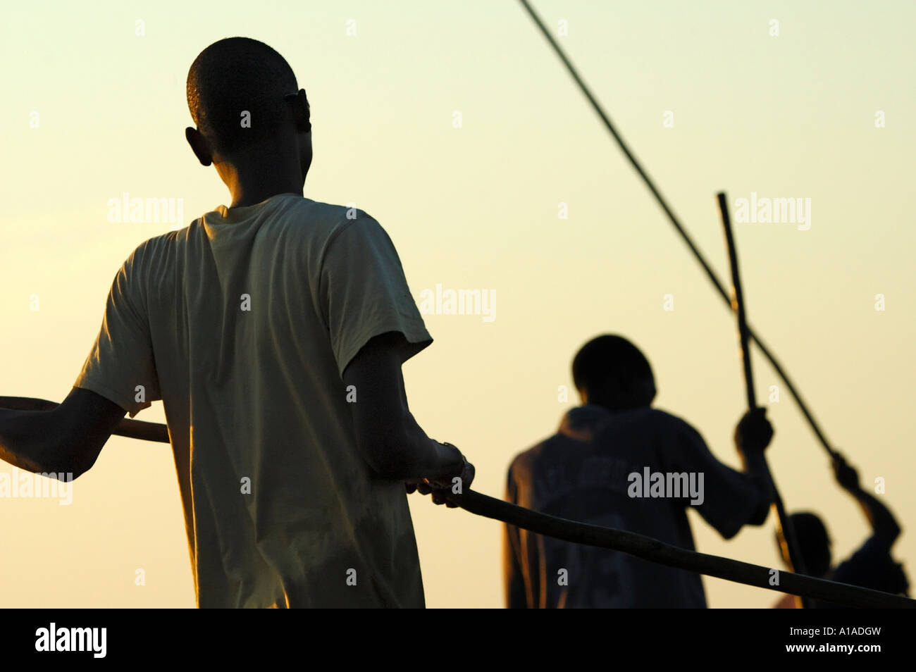 Local polers riding mokoros canoes, Okavango Delta Botswana Stock Photo ...