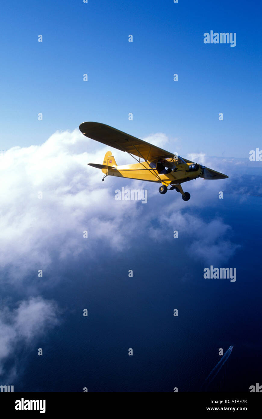 USA Washington Author Richard Bach pilots Piper Cub airplane over Orcas ...