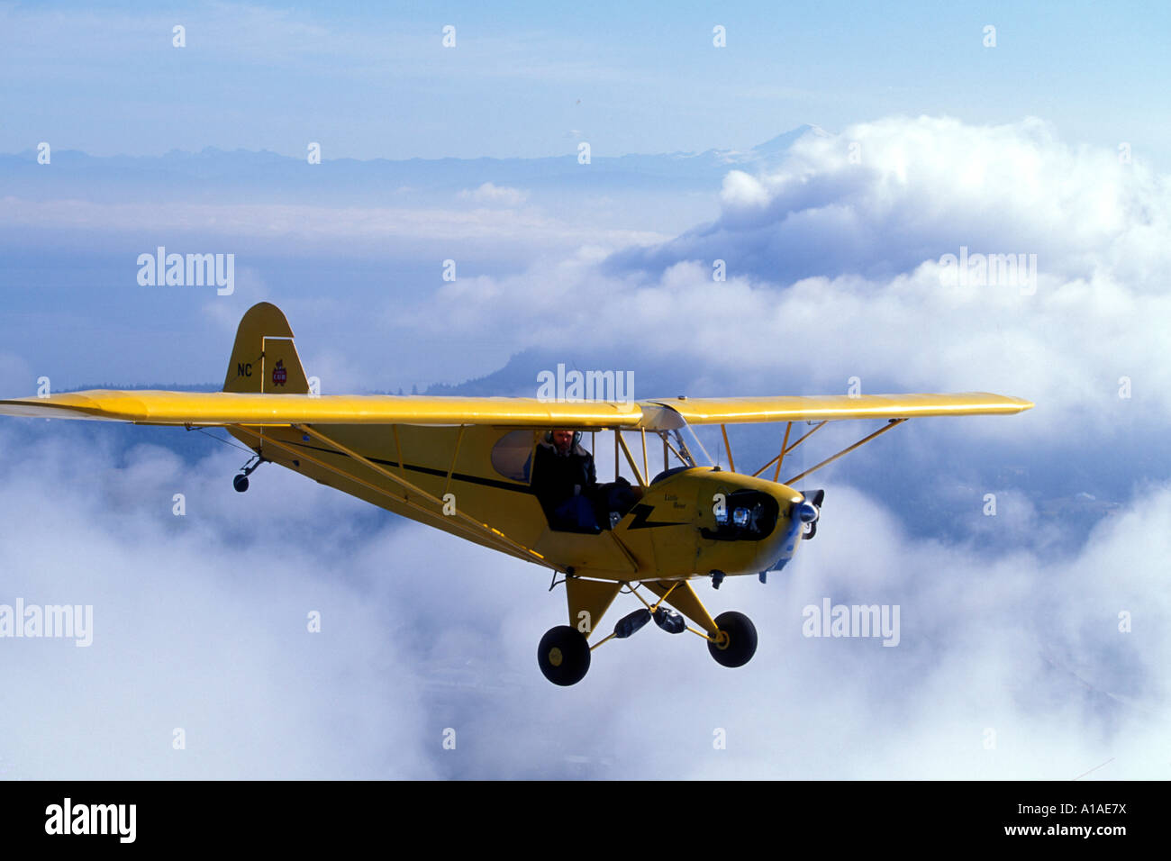 USA Washington Author Richard Bach pilots Piper Cub airplane over Orcas ...