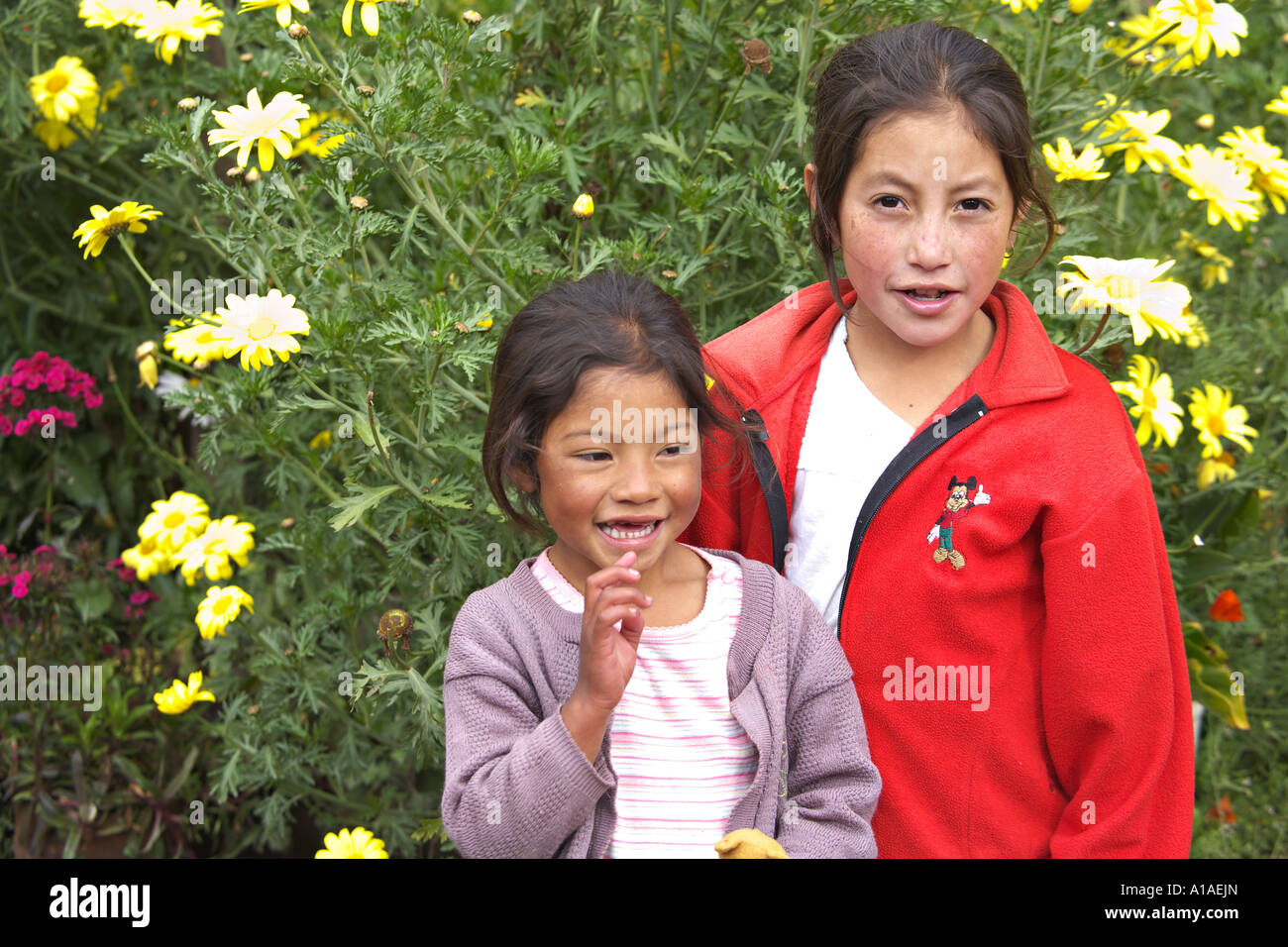 GUATEMALA CAPELLANIA Young indigenous Maya Quiche sisters standing in a ...