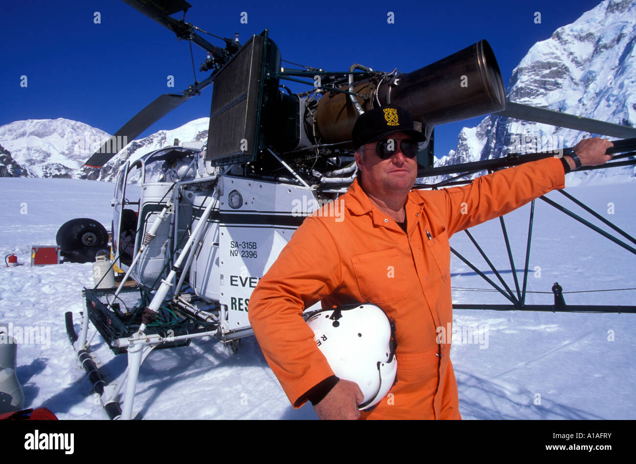 USA Alaska Denali National Park LAMA rescue helicopter pilot at Mount ...