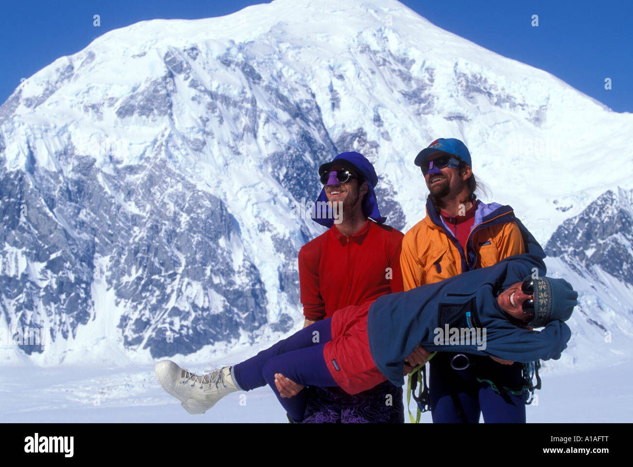 USA Alaska Denali National Park MR Climbing rangers clown for portrait ...