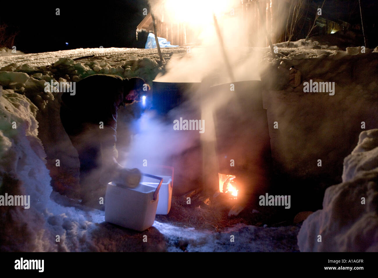 USA Alaska Takotna Musher is shrouded in steam while ladling hot water ...