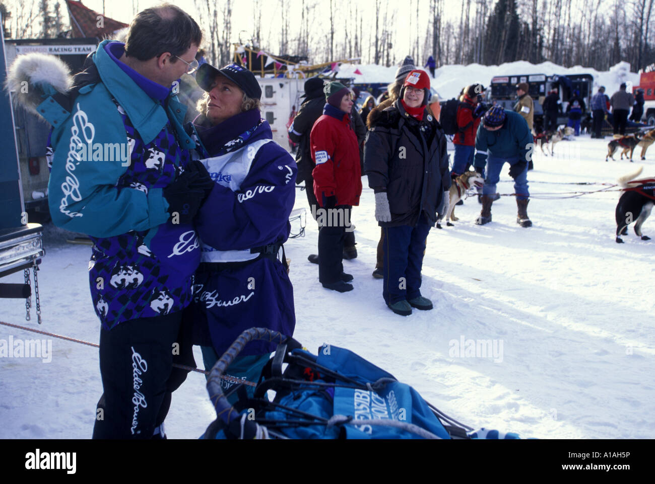 USA Alaska Musher Dee Dee Jonrowe hugs husband Mike at restart in ...