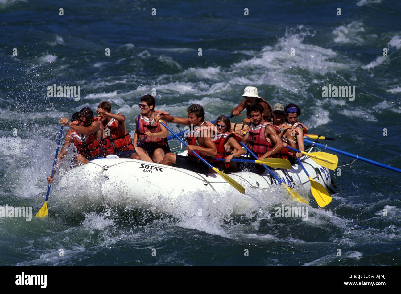 Canada British Columbia Whitewater rafters paddle down rapids on ...