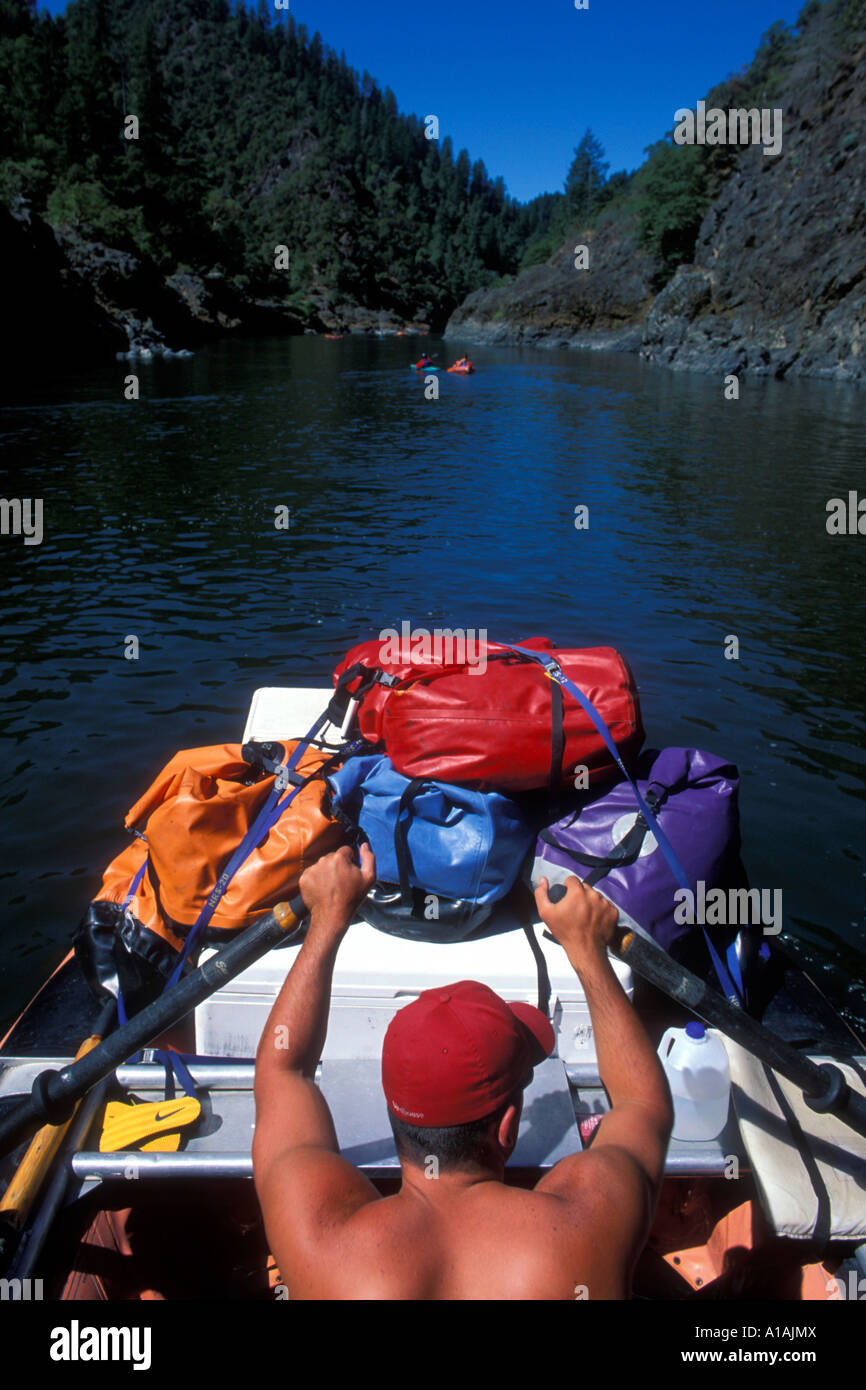 USA Oregon Rogue National Wild and Scenic River Oarsman rows raft on ...