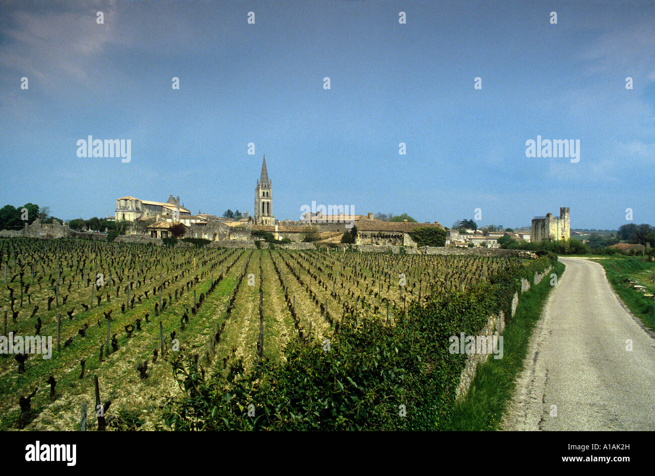St Emilion medieval walled hilltop village surrounded by vineyards of ...
