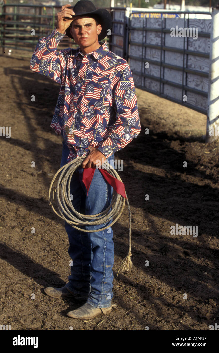 USA California MR Ryan Kiely looks over brim of cowboy hat while ...
