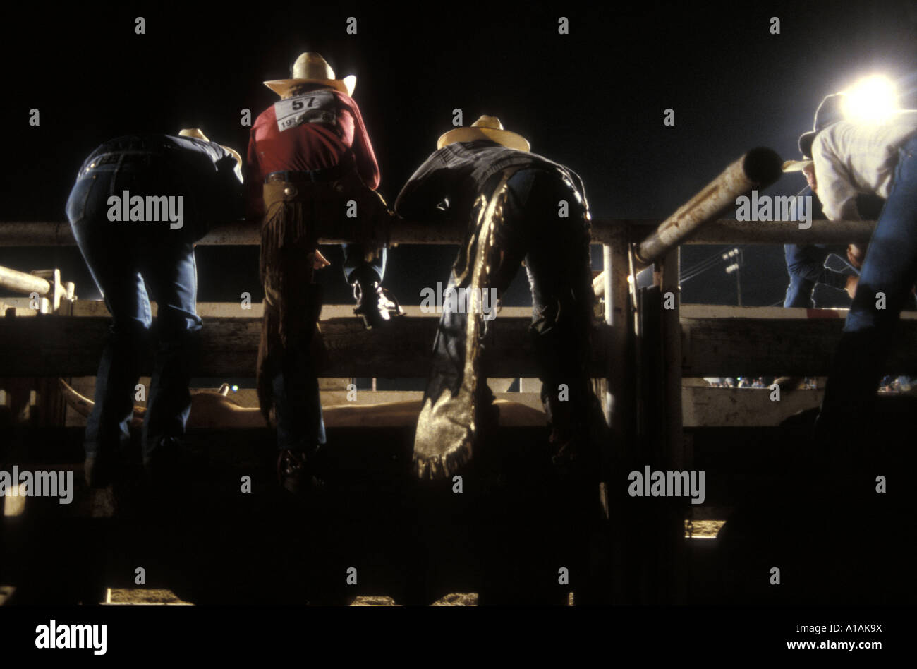 USA New Jersey Woodstown Rodeo cowboys watch Cowtown Rodeo from rough ...
