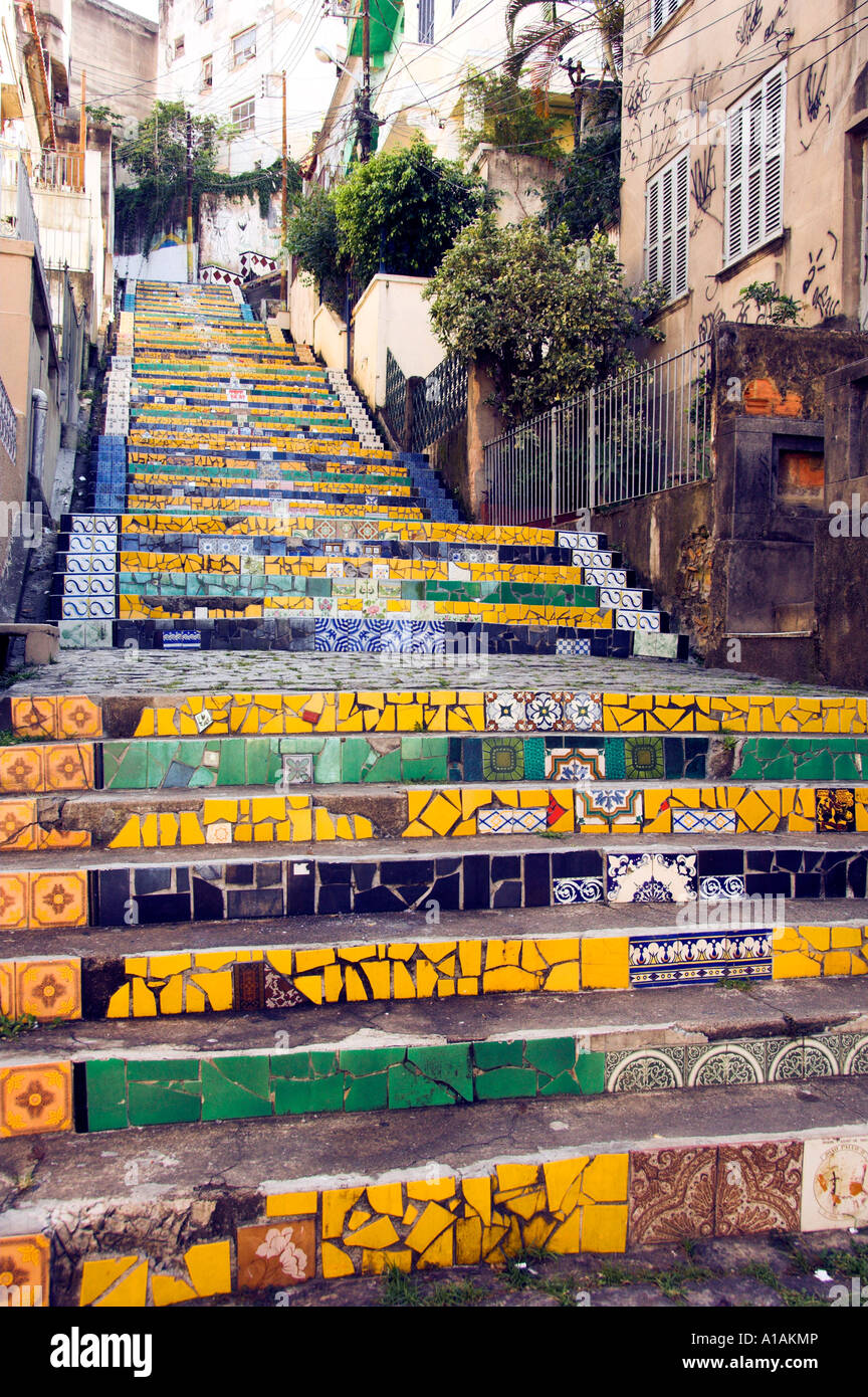 The Grand Staircase of colorful ceramic tile in the Santa Teresa ...