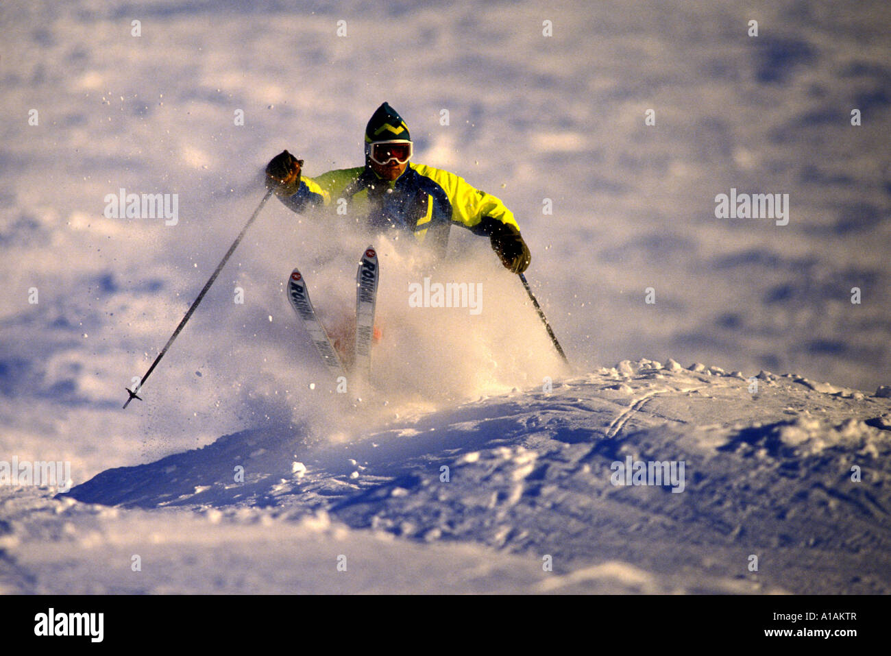 USA Alaska Chugach State Park Skier on moguls at Alpenglow Ski Area ...