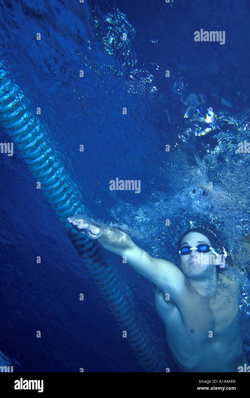 USA Alaska Anchorage Underwater view of Ken Ralph swimming in indoor ...