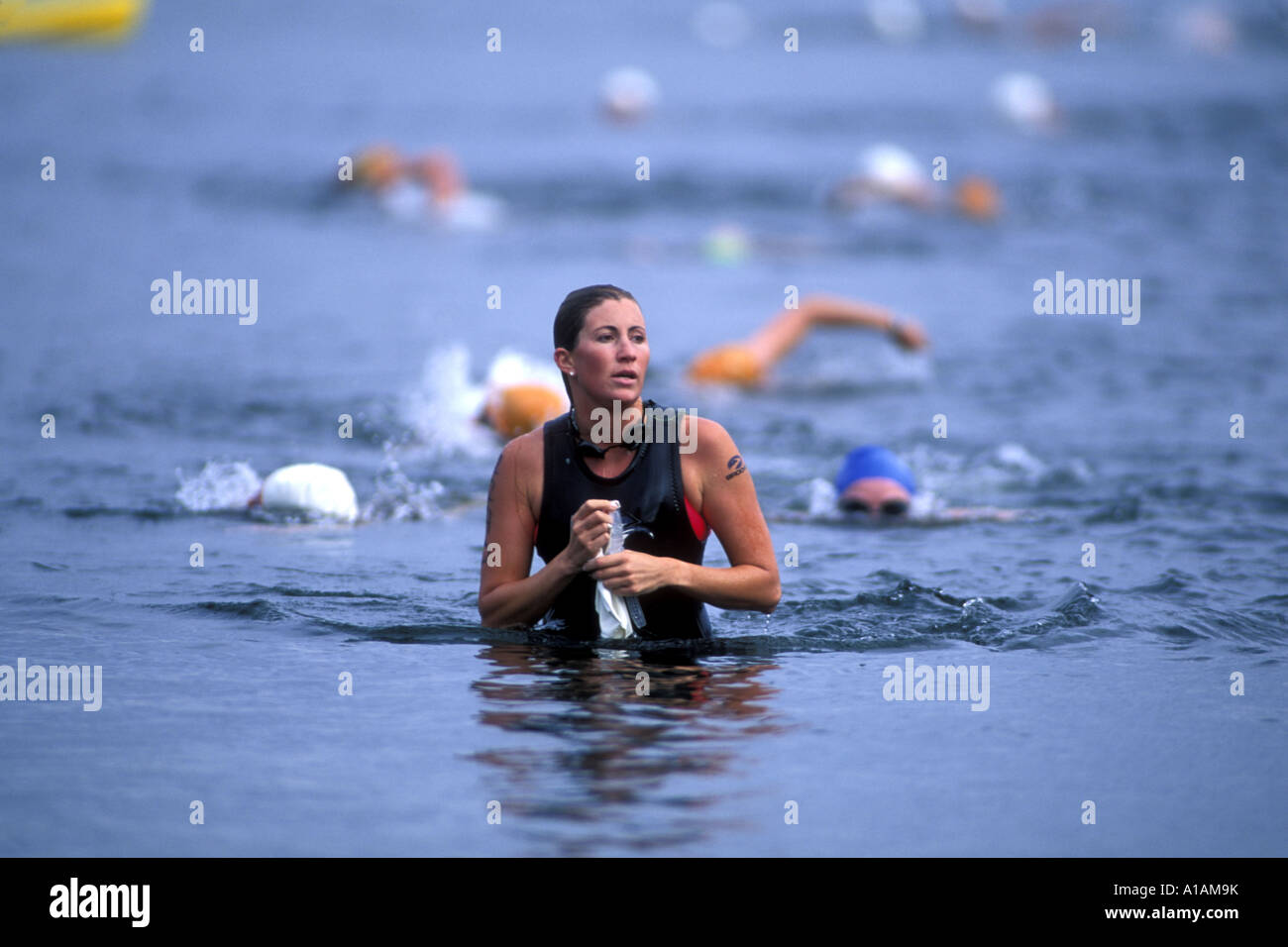 USA, Washington, Seattle, Swimmer emerges from 1/2 mile swim of Lake ...