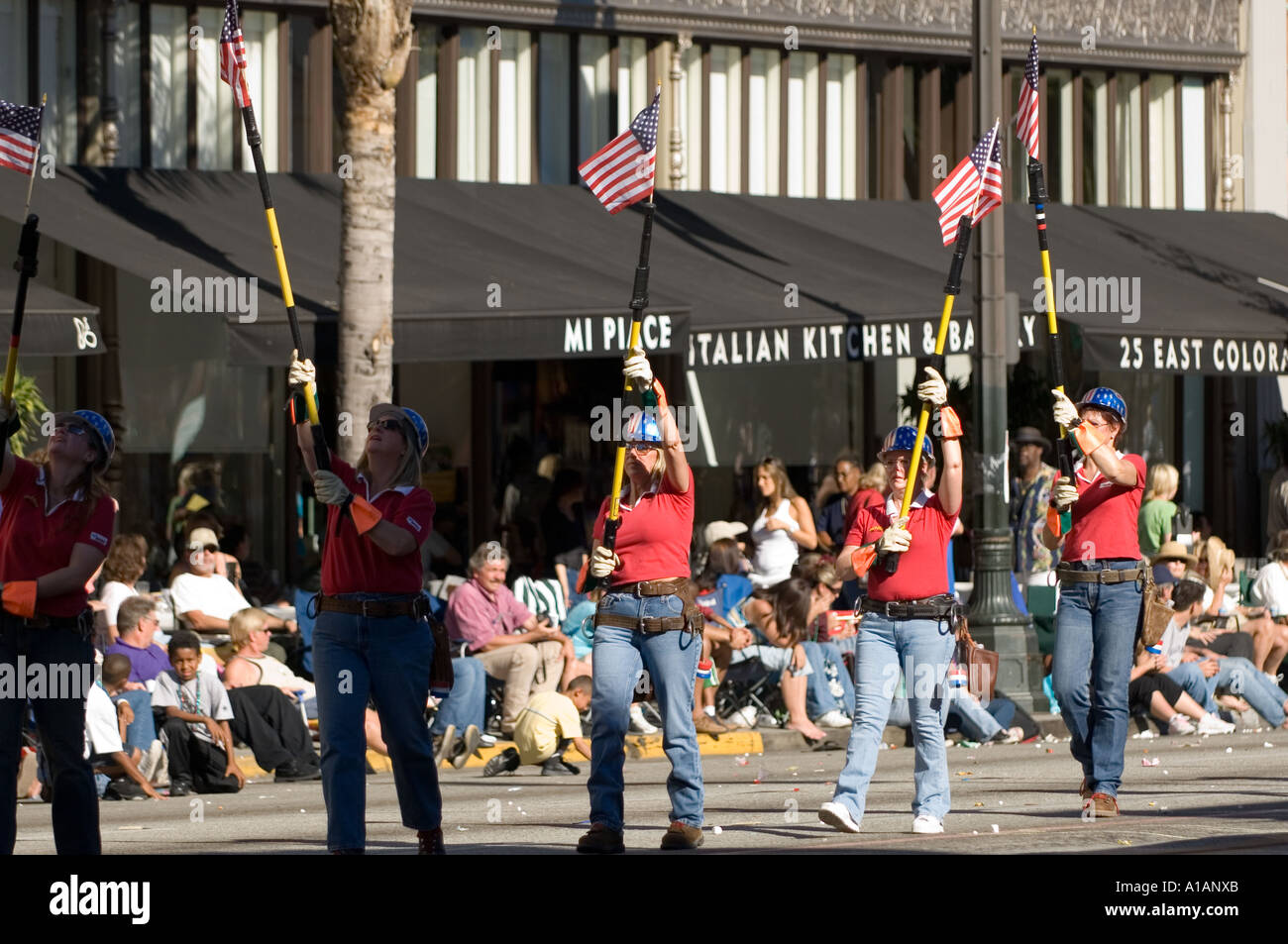 Construction workers carrying American Flags at the Doo-Dah Parade in ...