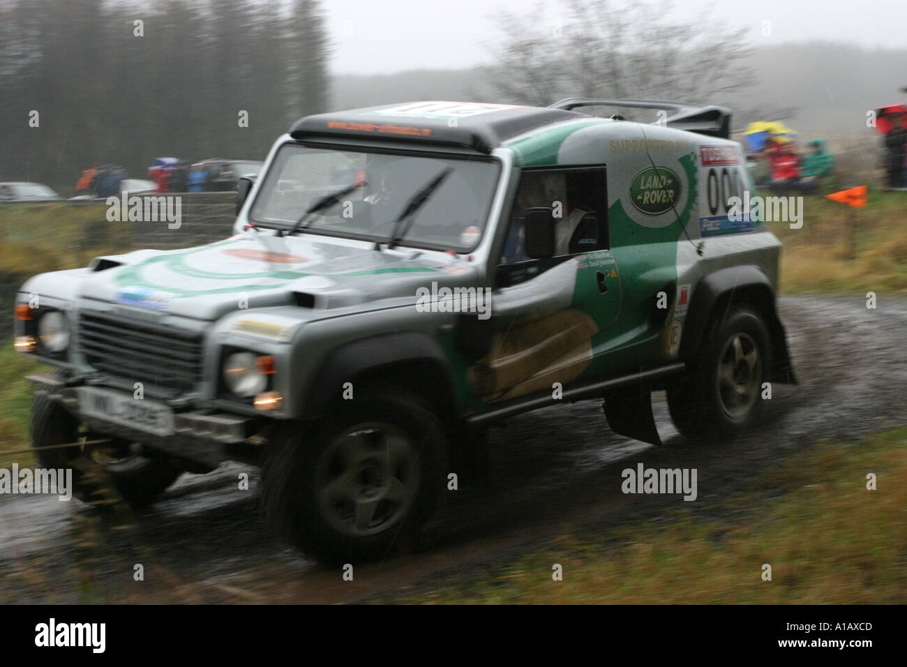 Land Rover rally support vehicle goes round stage before competitors at ...