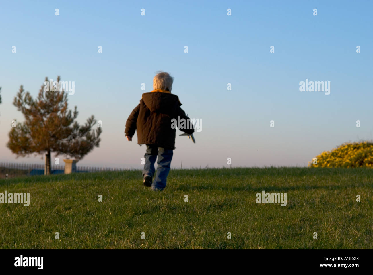 a small boy running away from camera with a toy plane in his hand Stock ...
