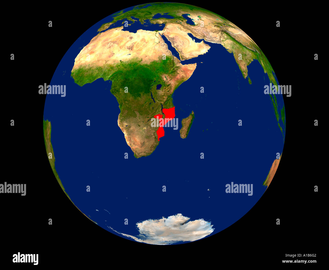 Satellite Image of Earth Showing Mozambique Highlighted Red Stock Photo ...