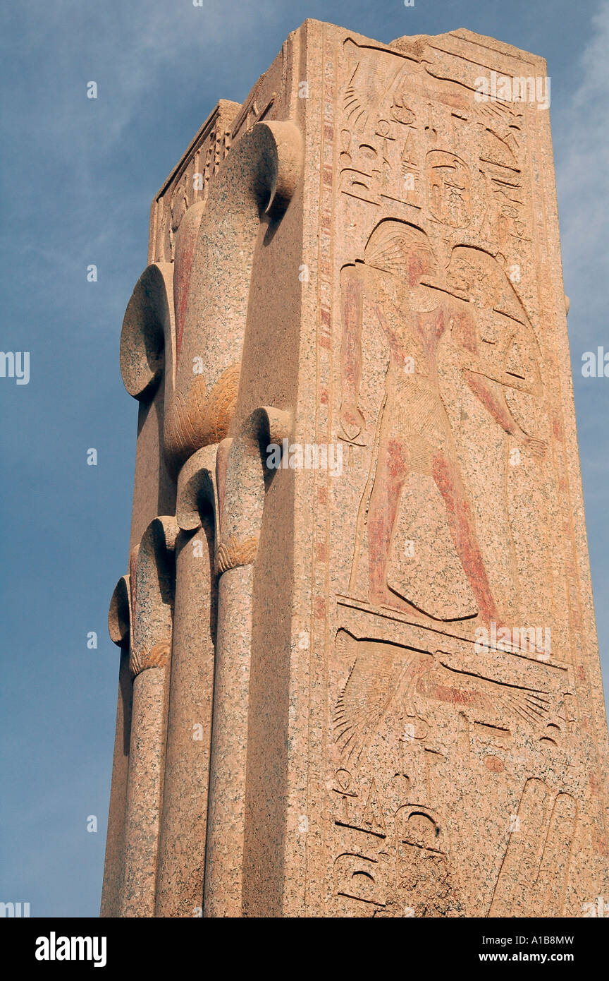 Carved lotus & Hieroglyphic script engraved into a granite obelisk at ...