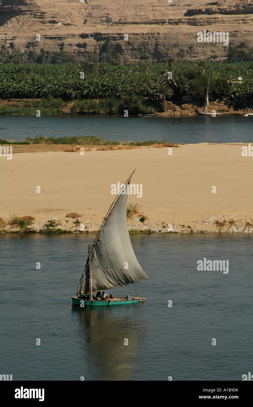 A felucca traditional wooden sailing boat on the Nile river between ...