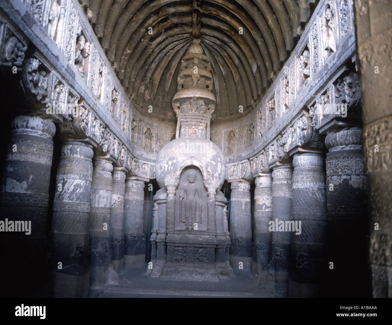 The finely carved late 5th century Buddhist Chaitya Hall Cave 19 Ajanta ...