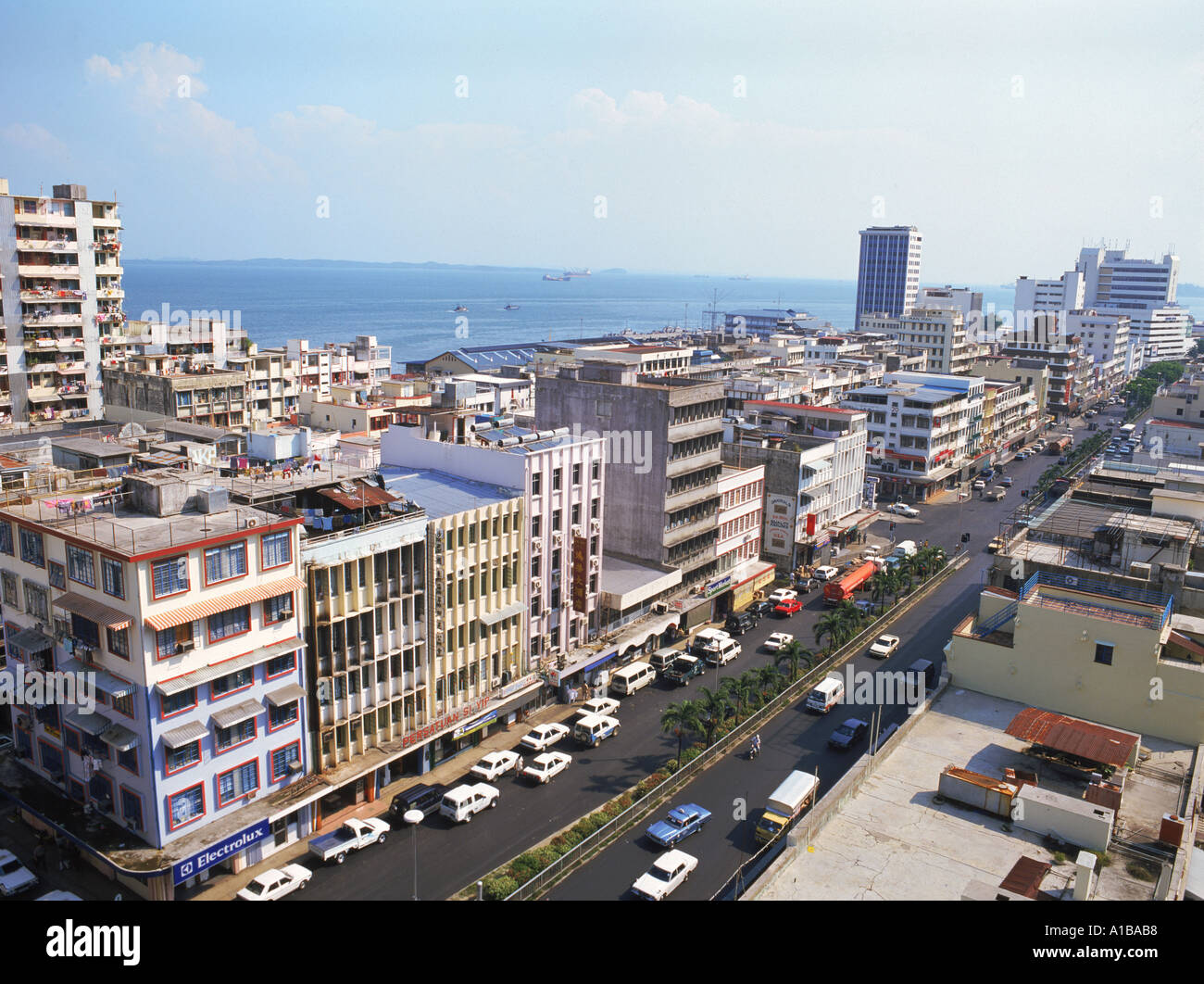 Low aerial view of the main street of Sandakan Sabah Malaysia Asia R ...
