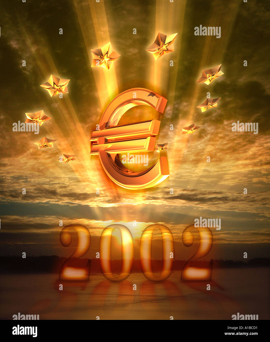 An euro symbol and twelve stars on a sunrise sky with year 2002 numbers ...
