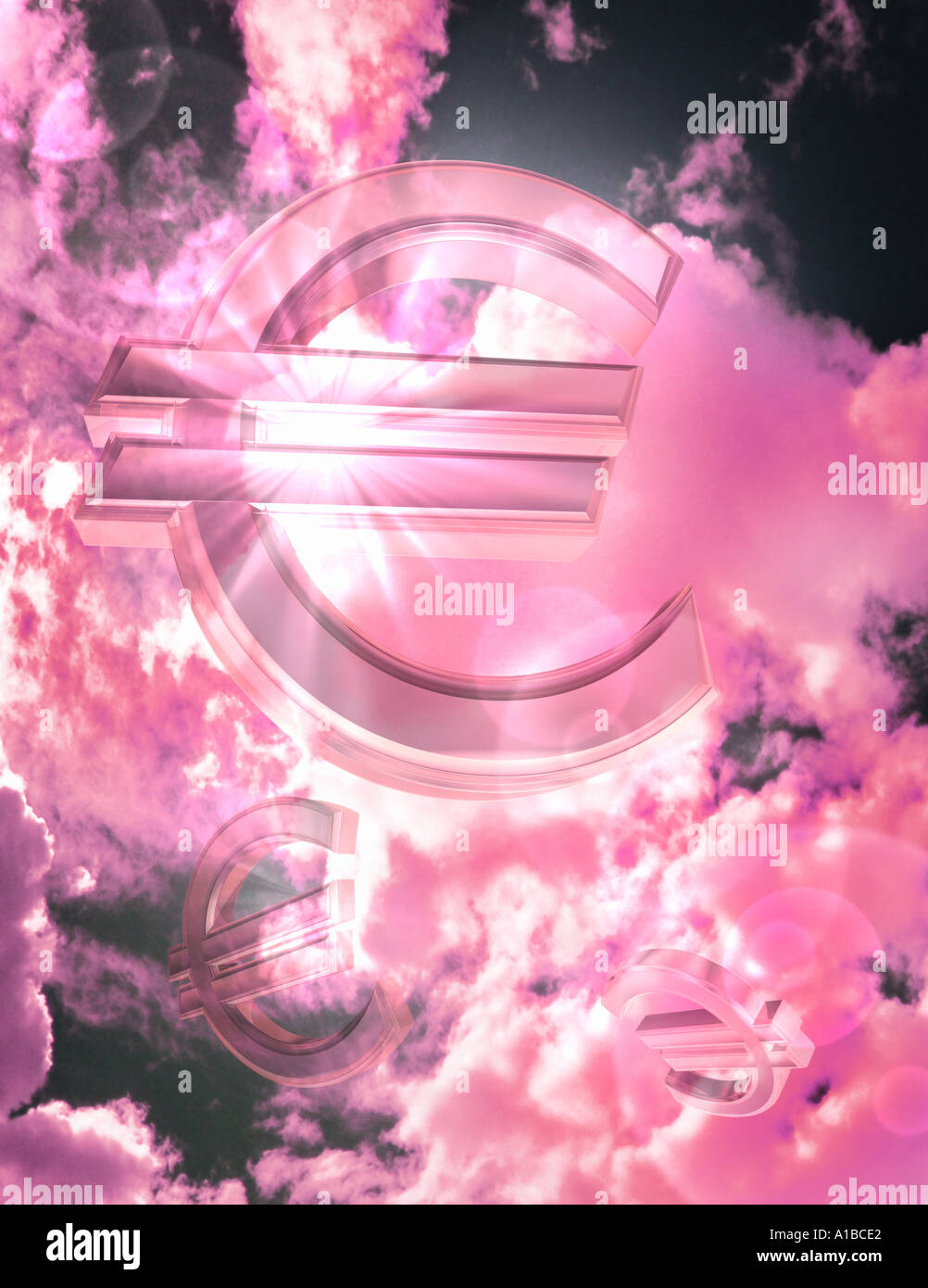 Pink euro symbols flying in a pink cloudy sky Stock Photo - Alamy