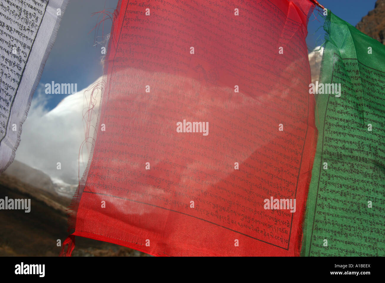 Jhomolhari, Bhutan's second highest peak as seen through prayer flags ...