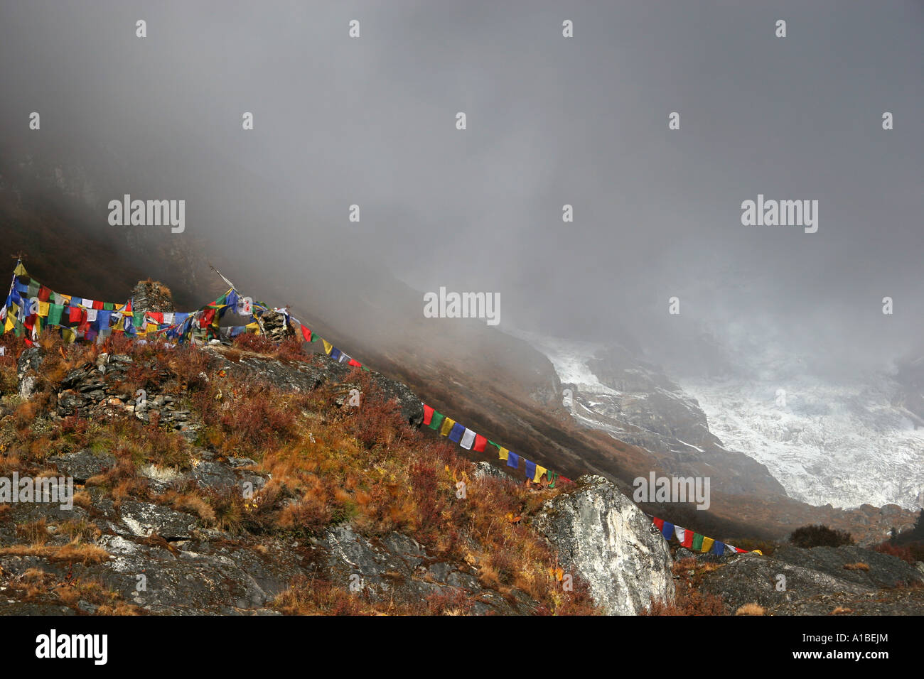 Morning fog clears away from the base of Jhomolhari, Bhutan's second ...