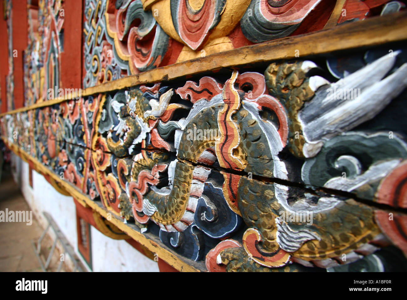 Woodwork on the walls of the Taktshang monastery or Tiger's Nest near ...