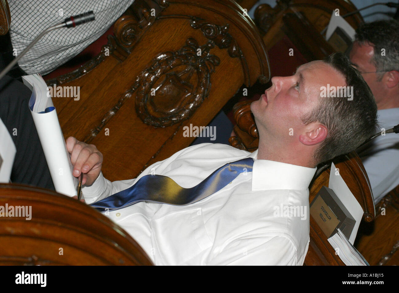 Former Belfast Lord Mayor SDLP Councillor Martin Morgan sitting in ...