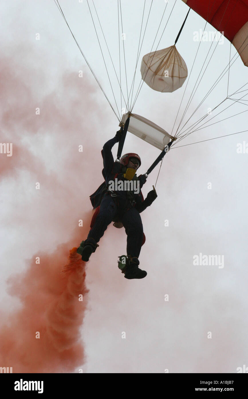 RAF Falcons Parachute display team member comes in for landing trailing ...