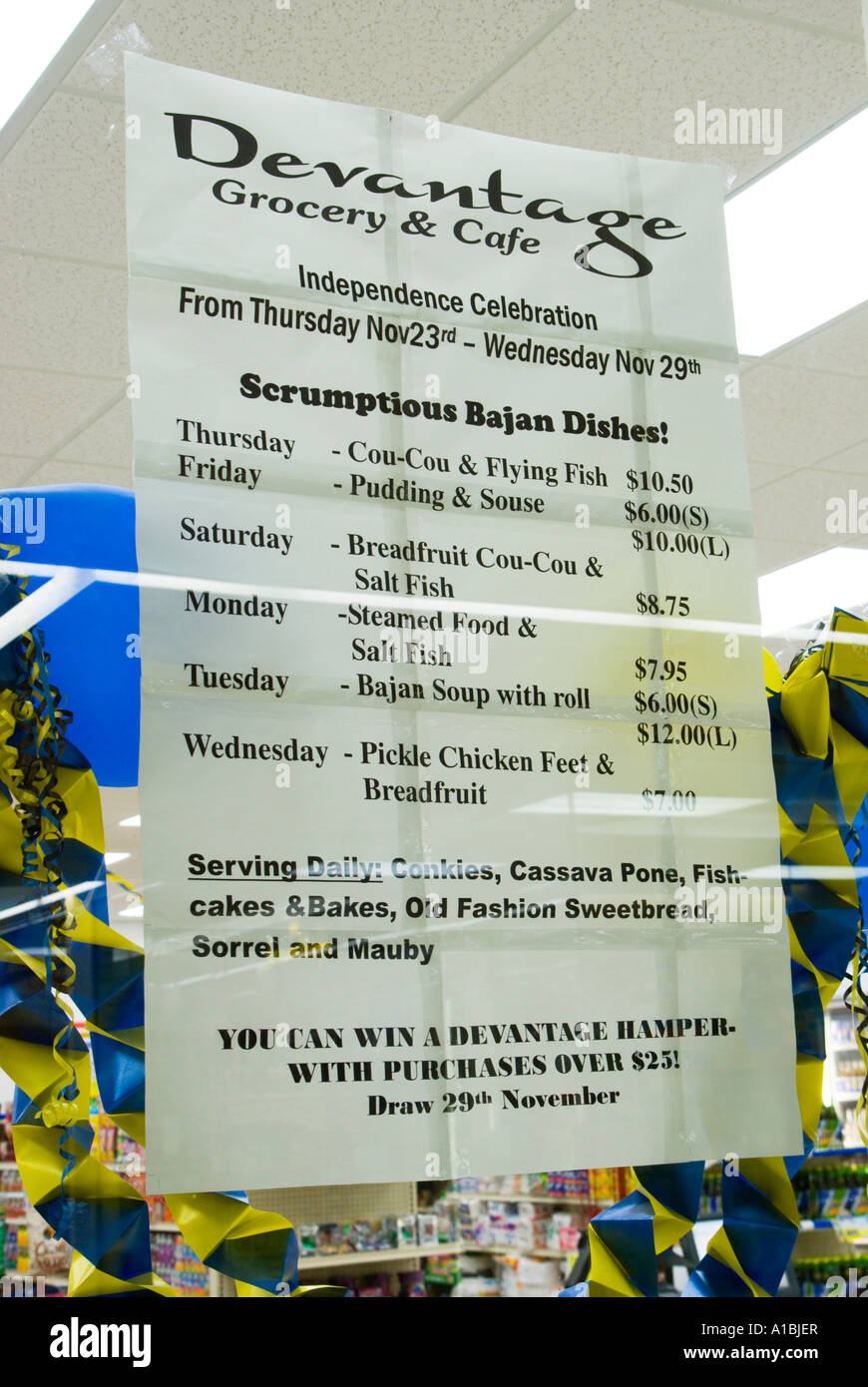 Barbados local fare on menu at a restaurant in a big shopping centre ...