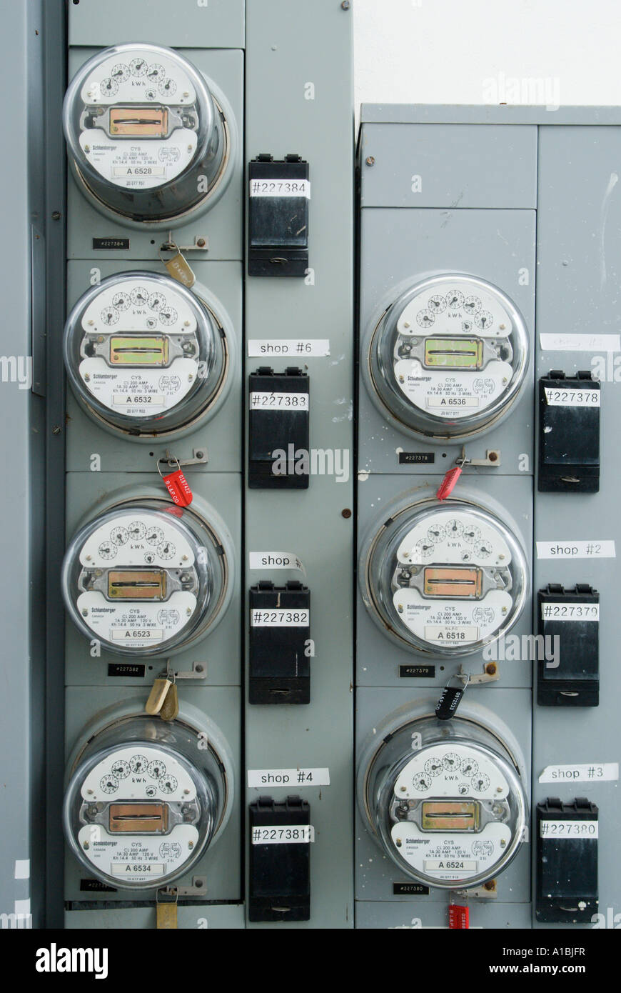 Barbados outdoor sited electricity use power meters Stock Photo - Alamy
