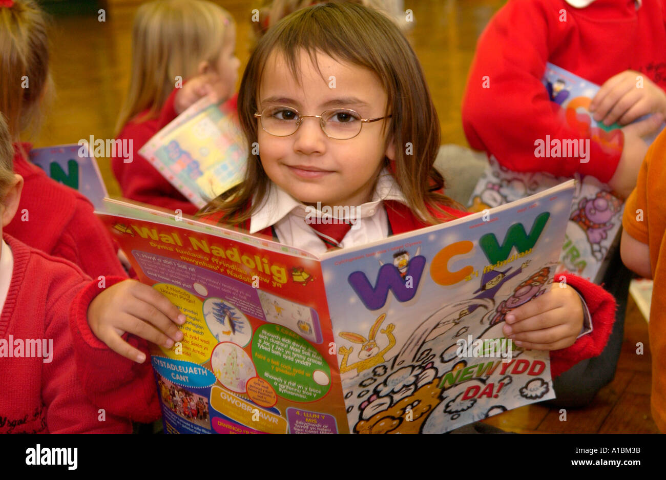 Pupils reading a Welsh language magazine in class at a Welsh speaking ...