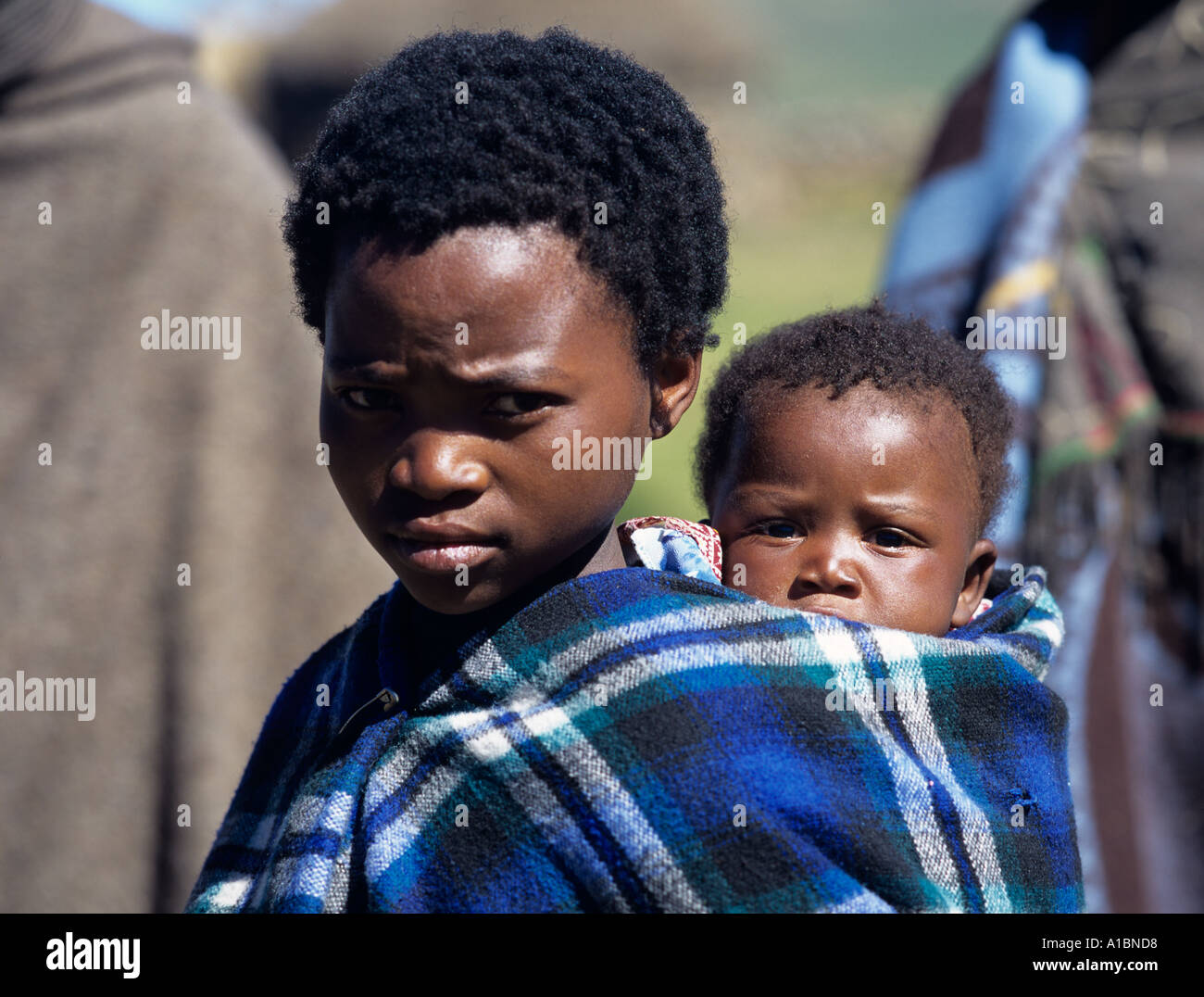 Kingdom of Lesotho Southern Africa young mother with child on Basotho ...