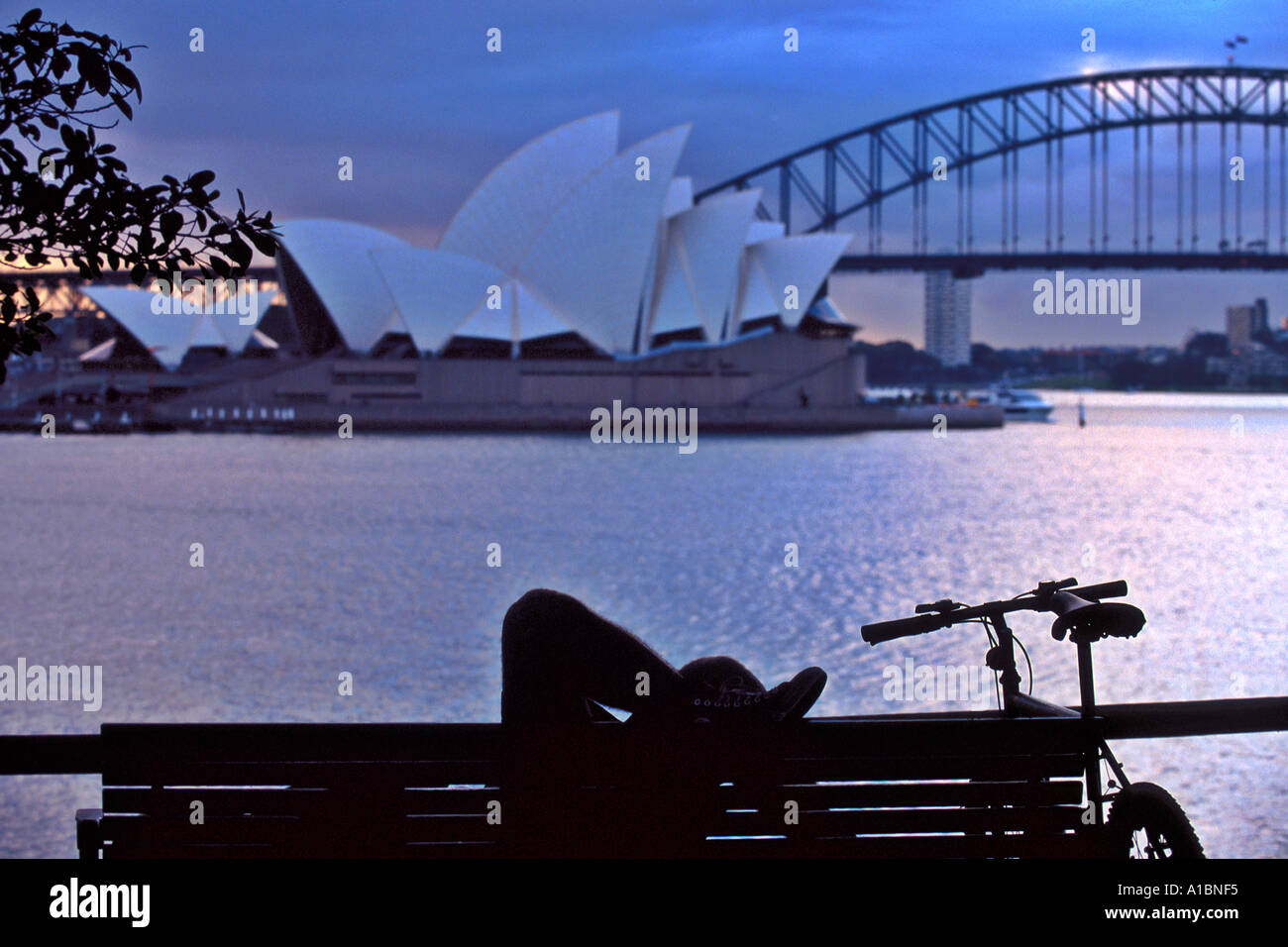 Biker taking a rest on a park beach with Sydney s Opera House located ...