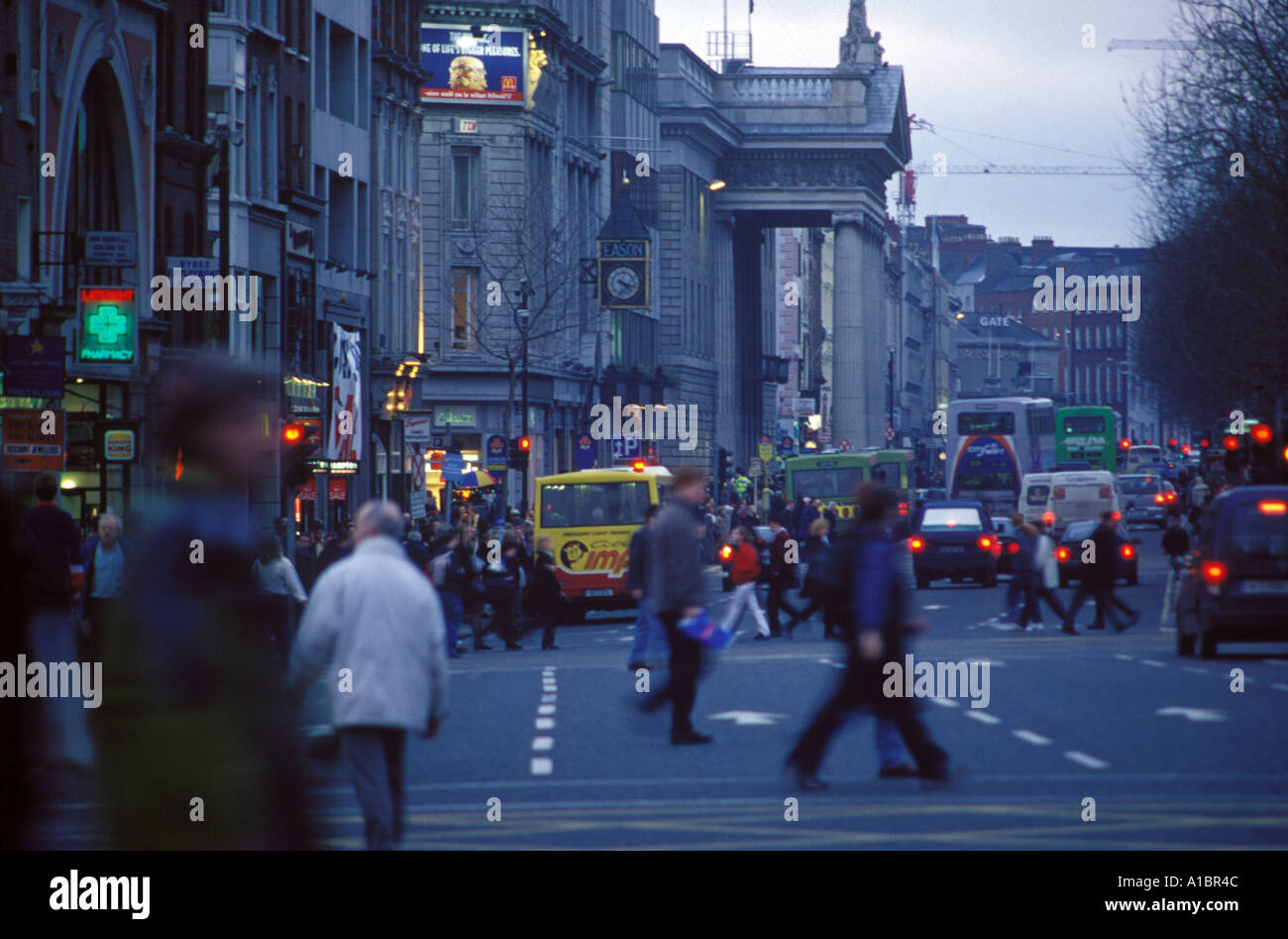 A zoom shot of O Connell Street in Dublin during early evening rush ...