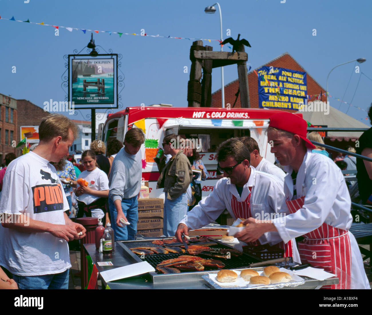 Stall selling grilled kippers at the Fish Quay Festival, North Shields ...