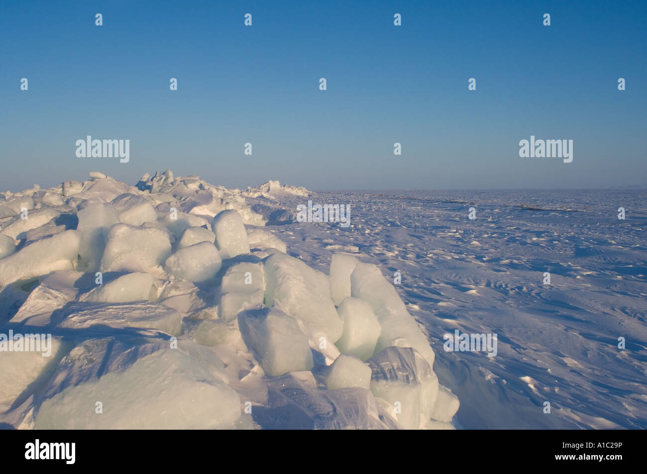 jumbled ice on the frozen Arctic ocean off Herschel island and the ...