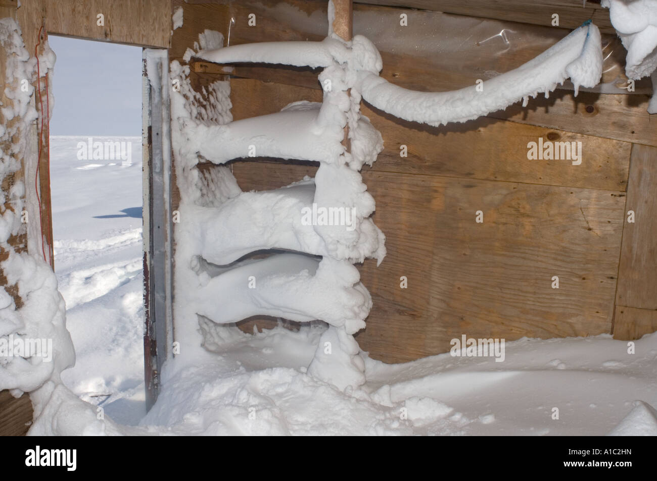 snow inside a cabin from the door being left open a crack frozen Arctic ...