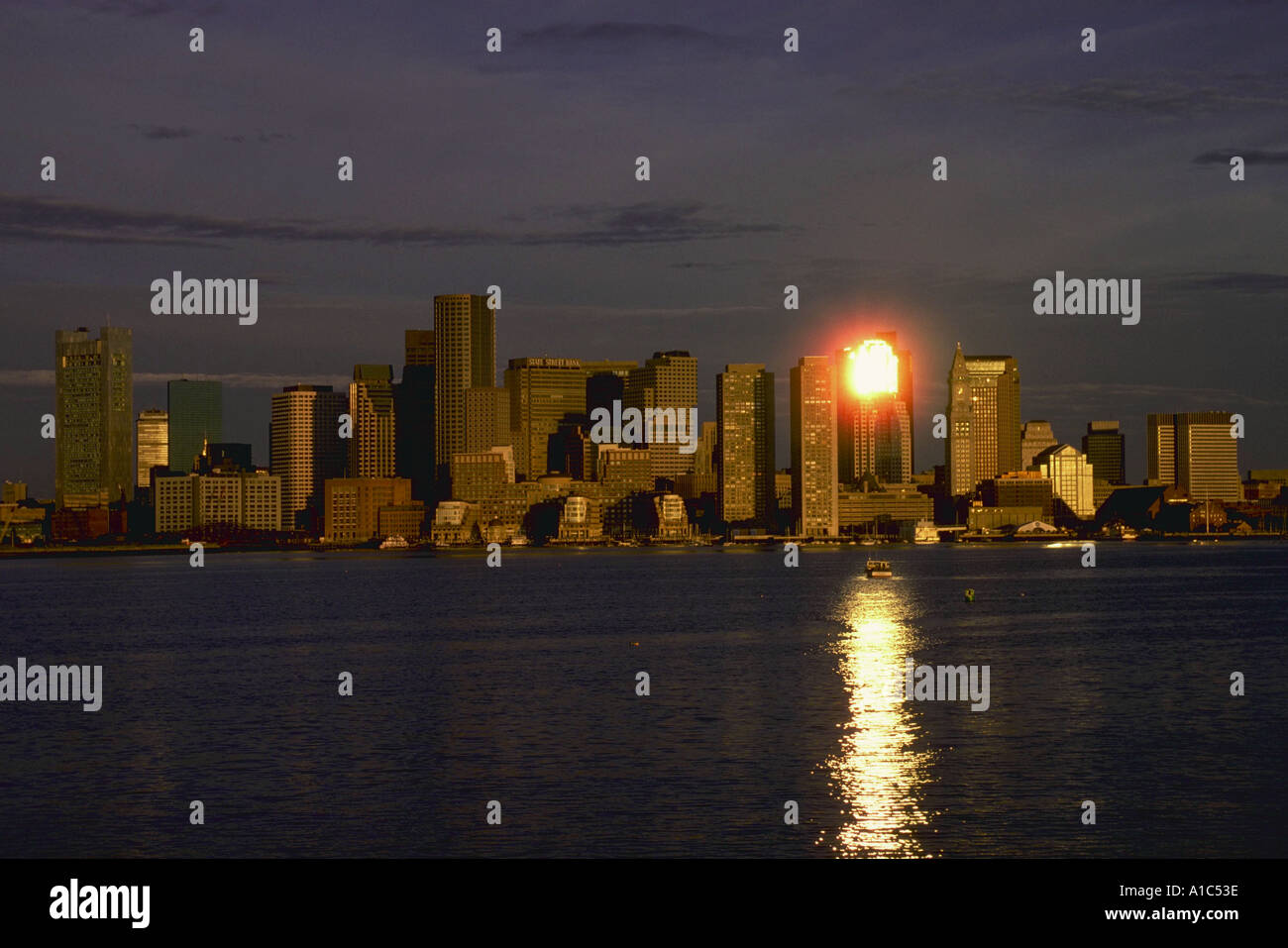 Boston Massachusetts downtown city skyline and inner harbor at dawn ...