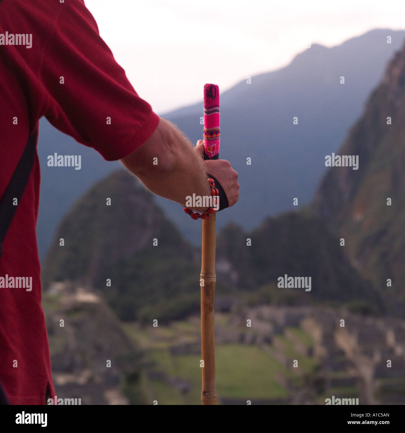 Tourist with a walking stick in Machu Picchu Peru Stock Photo - Alamy