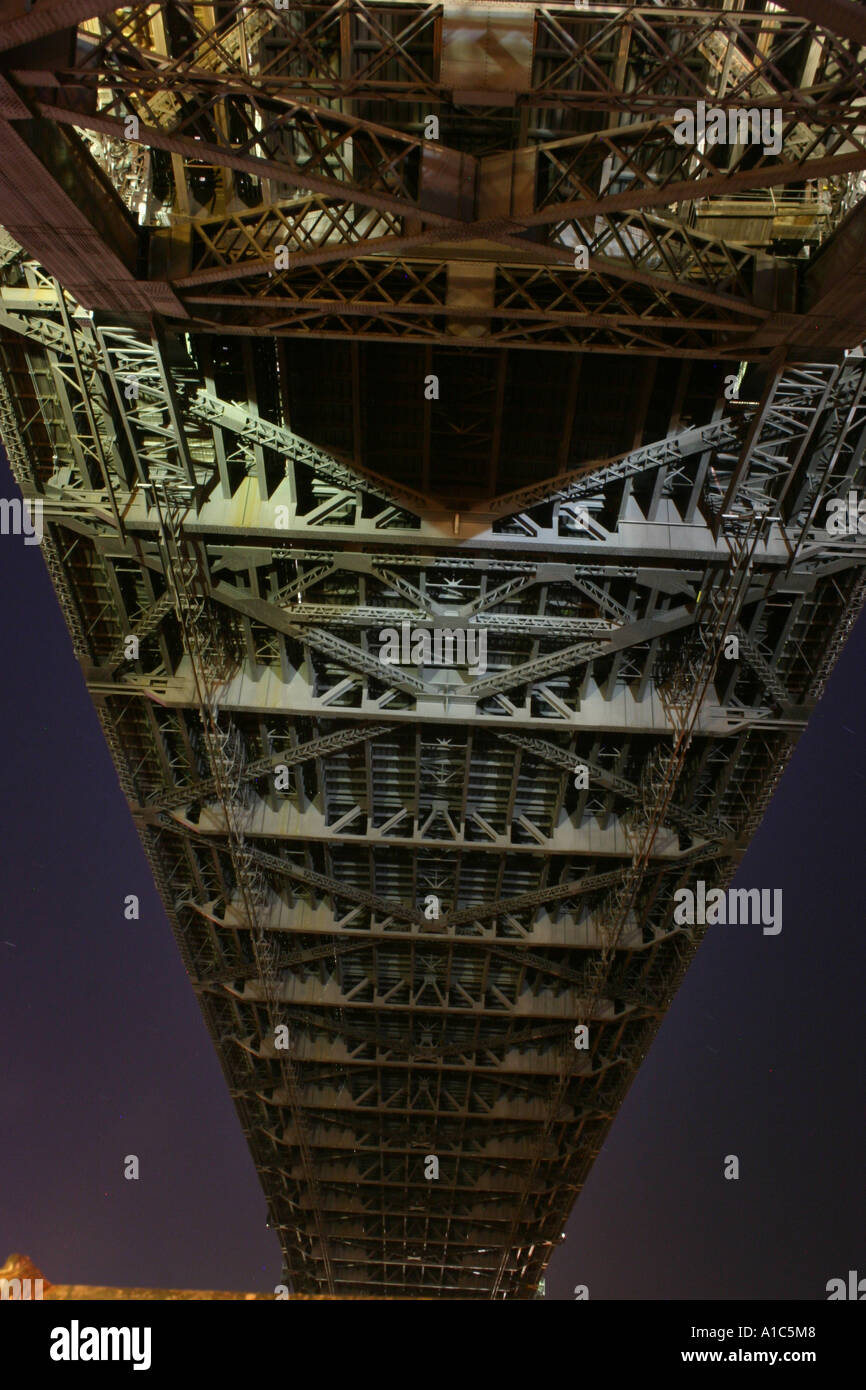 Sydney Harbour Bridge at night from underneath showing converging lines ...