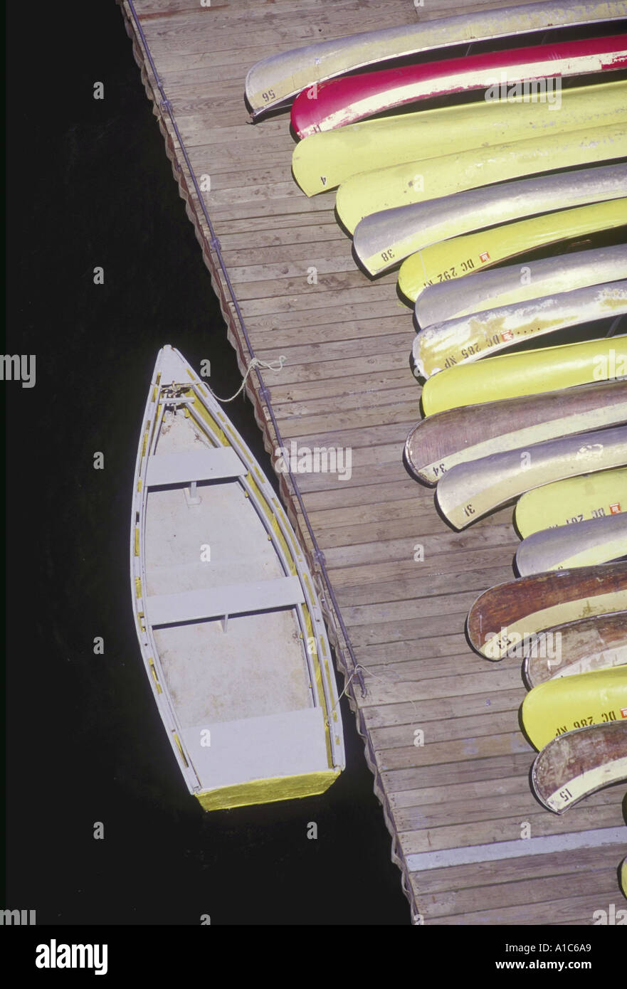 Wooden rowboat tied to a dock with a long row of canoes Shot taken on ...