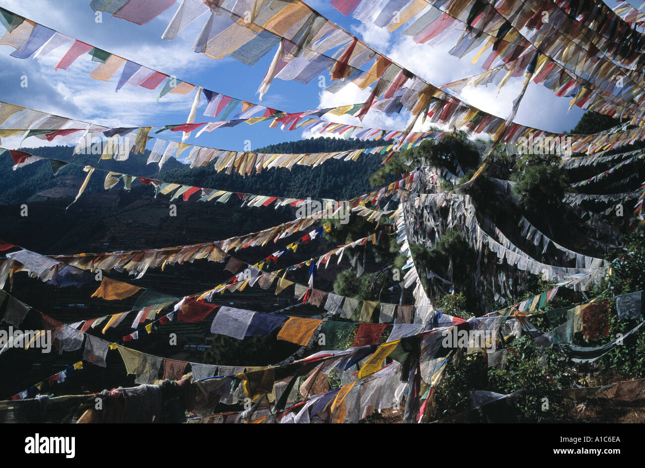 Prayer flags fluttering outside a Buddhist temple in Nepal Stock Photo ...