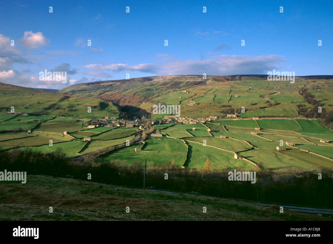 View of Gunnerside village seen over Swaledale, Yorkshire Dales ...