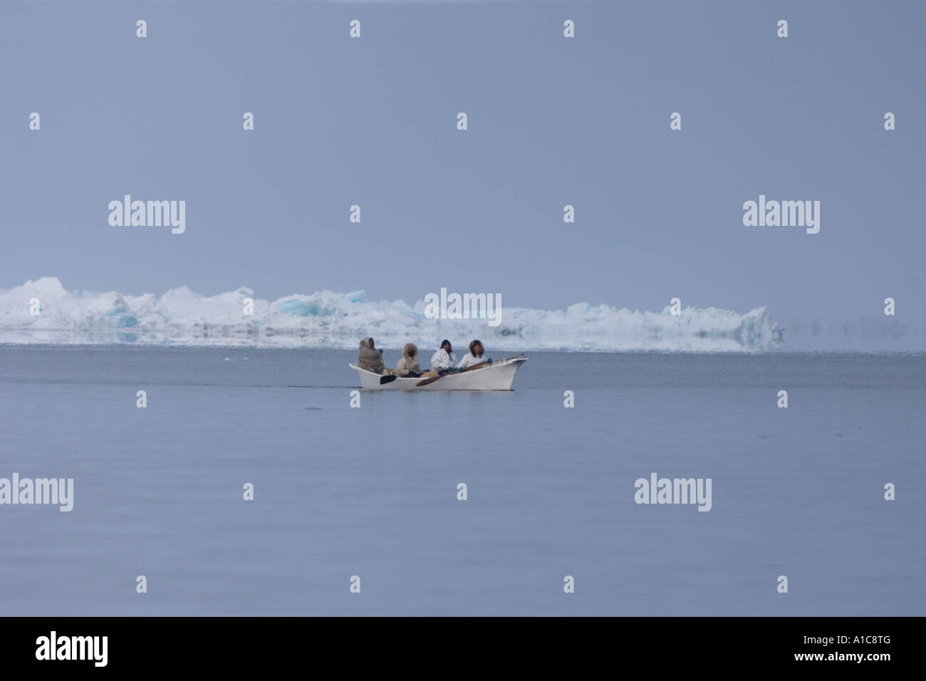 Savik whaling crew in an open lead on the frozen Chukchi Sea off Point ...